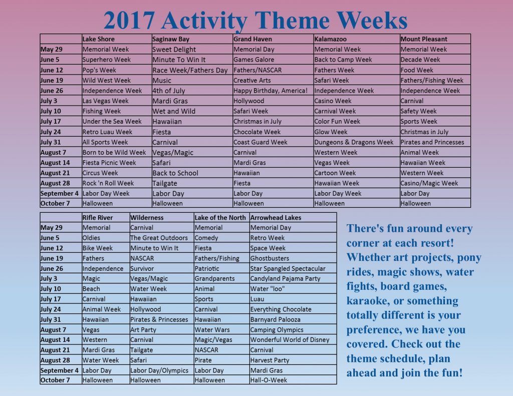 2017 Activity Theme Schedule - Outdoor Adventures Resorts